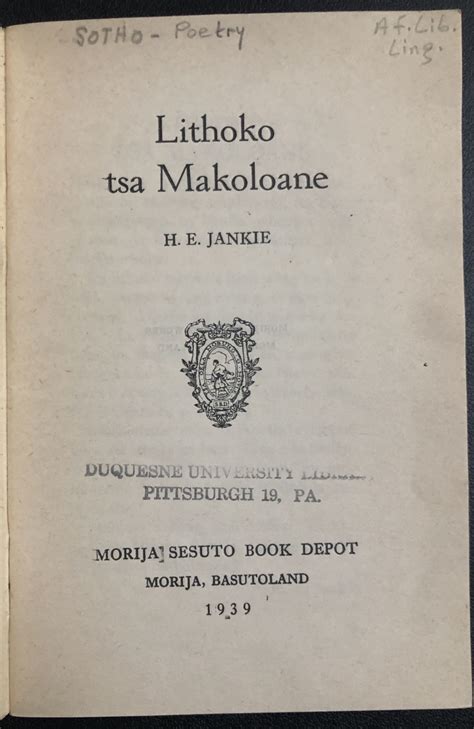 Lithoko Tsa Makoloane Poems In Sesotho By Jankie H E Wraps 1939 Morija Sesuto Book