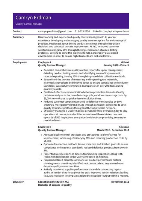 Quality Control Manager Resume Cv Example And Writing Guide