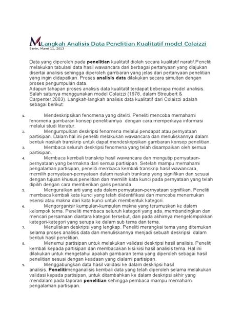 Langkah Analisis Data Penelitian Kualitatif Model Colaizzi Pdf