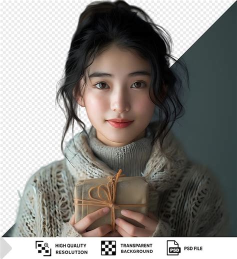 Premium Psd Unique Cute Asian Girl With T Wrapped In Brown Paper Wearing A Gray Sweater And