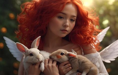 Premium Ai Image Red Head Girl With Wings Cute Rabbit With Her