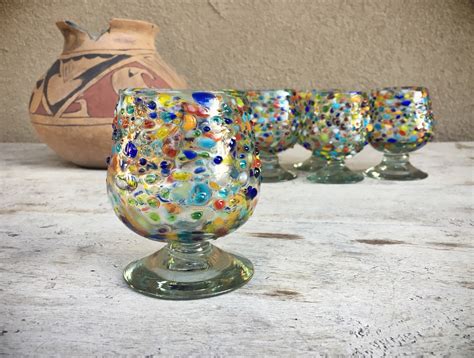 Two Mexican Blown Glass Cordial Glasses Goblets Speckled Glass Hand