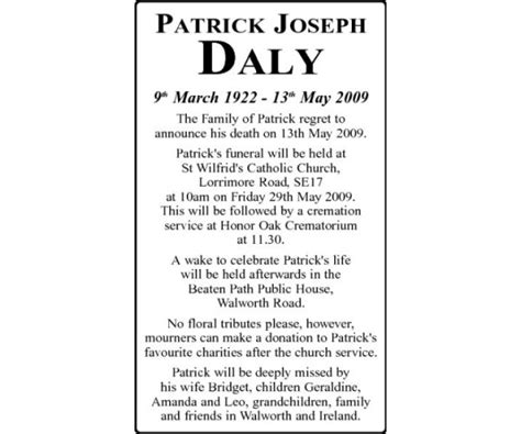 Patrick Daly Obituary 2009 Legacy Remembers