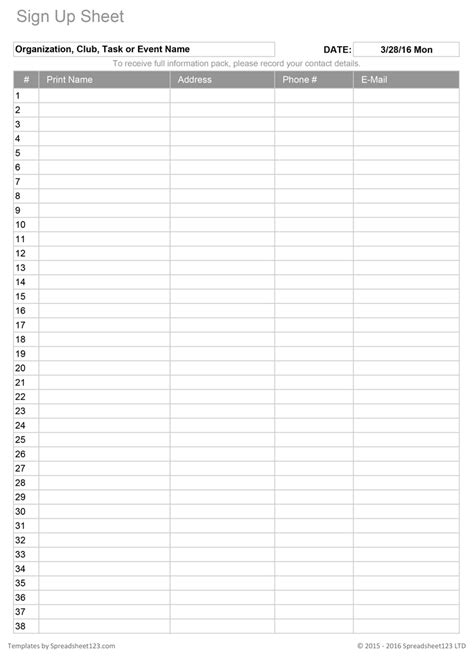 Printable Sign Up Worksheets And Forms For Excel Word And Pdf Free