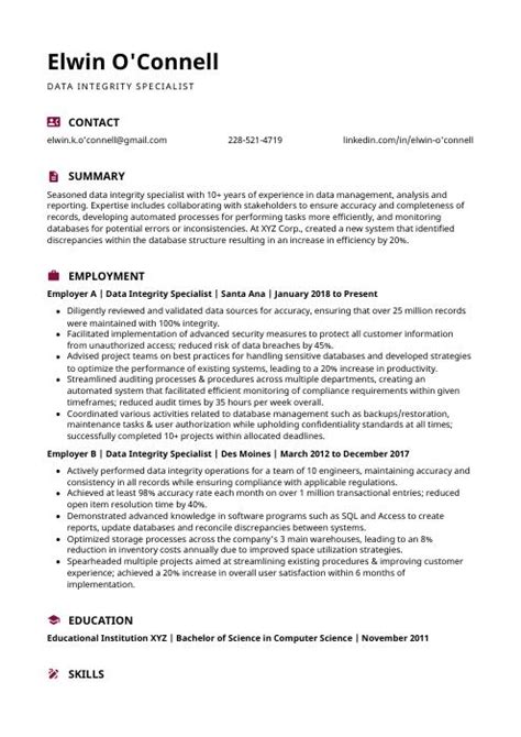 Data Integrity Specialist Resume Cv Example And Writing Guide