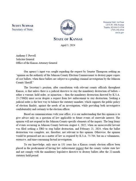 Kansas Secretary Of States Office Letter Pdf Elections Injunction