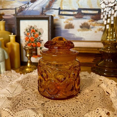 Mid Century Modern Le Smith Amber Moon And Stars Glass Canister Ex