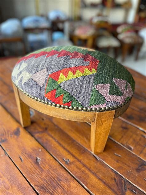 Vintage Kilim Ottoman Footstool Beech Wood Legs Etsy