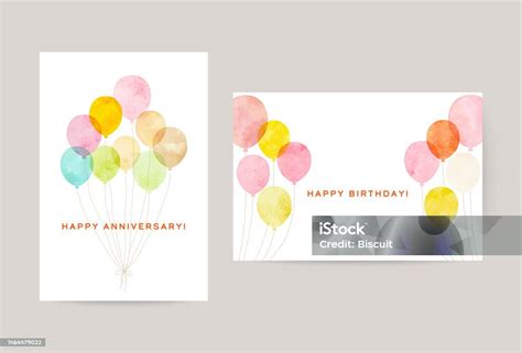 수채화 풍선 벡터 일러스트 레이 션 인사말 초대를 위한 2 장의 카드 세트 생일 카드에 대한 스톡 벡터 아트 및 기타 이미지 생일 카드 풍선 수채화 Istock