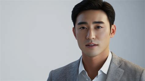 Closeup Portrait Of A Handsome Asian Man In A Grey Suit Looking