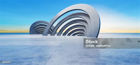 모형을 위한 넓은 공간을 비웁니다 추상적인 최소한의 건축 배경 콘크리트 바닥이 있는 주차장 빈 콘크리트 공간이 있는 시멘트 차고 디자인 장면입니다 흐린 푸른 하늘 3d