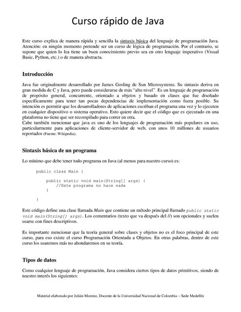 Documento Curso Rapido De Java Este Curso Explica De Manera Rápida Y Sencilla La Sintaxis