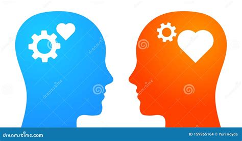 Thinking Vs Feeling Emotional And Rational Intelligence Heads With Heart And Gears Vector