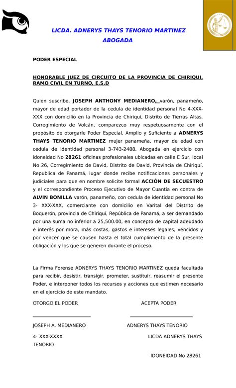 Poder Especial Y Accion De Secuestro Demanda De Proceso Ejecutivo