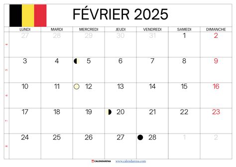 Calendrier Février 2025 Belgique à Imprimer Gratuit