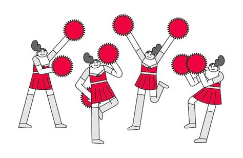 Satz Von Weiblichen Cheerleader Stehende Pose Handgezeichnete Charakterillustration Premium Vektor