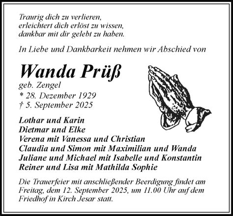 Traueranzeigen Von Wanda Prüß Trauer Nordkurier