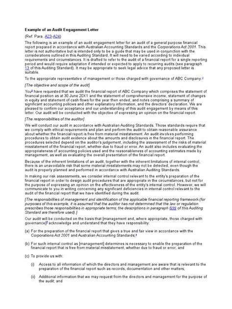 Audit Engagement Letter Example Pdf Internal Control Audit