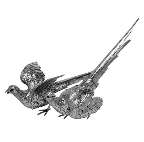 Pair Continental Silver Model Table Pheasants Bird Sculptures 1962 For