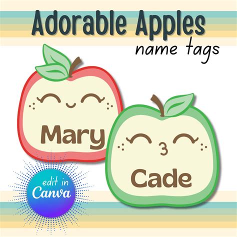 Cute Apples Classroom Name Tags Editable Canva Template Printable