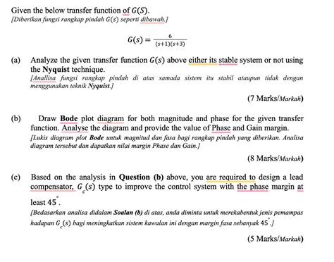 Solved Given The Below Transfer Function Of