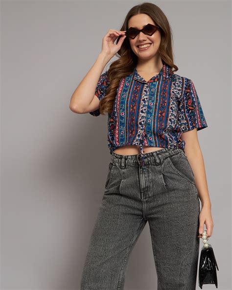 Buy Womens Blue All Over Paisley Printed Loose Fit Short Top Online At