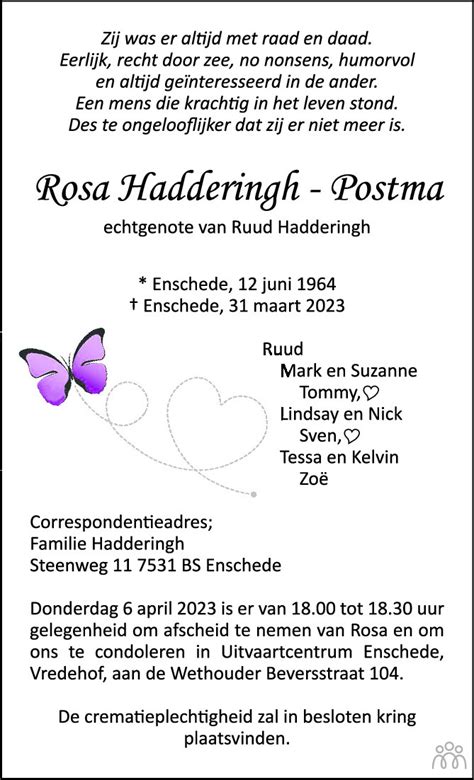 Rosa Hadderingh Postma 31 03 2023 Overlijdensbericht En Condoleances