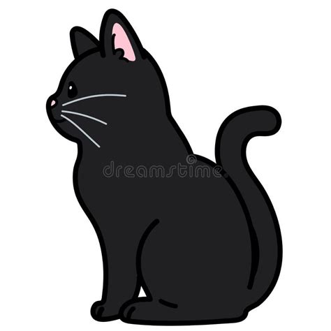 Simple And Adorable Black Cat Sitting In Side View Outlined Stock