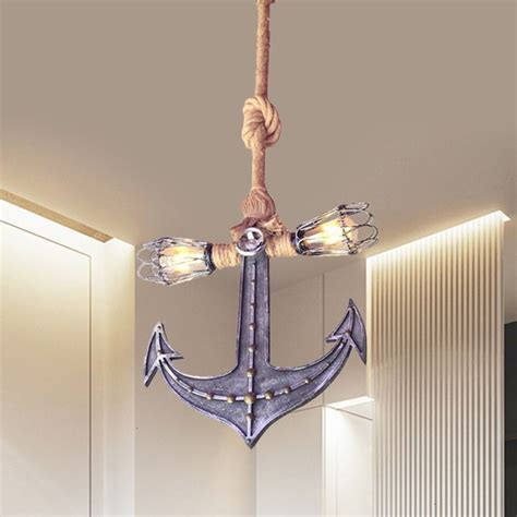 Nautical Anchor Hanging Pendant Light Metal 2 Bulb Gray Bedroom