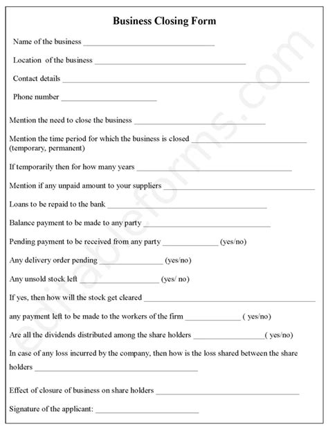 Business Closing Form Editable PDF Forms