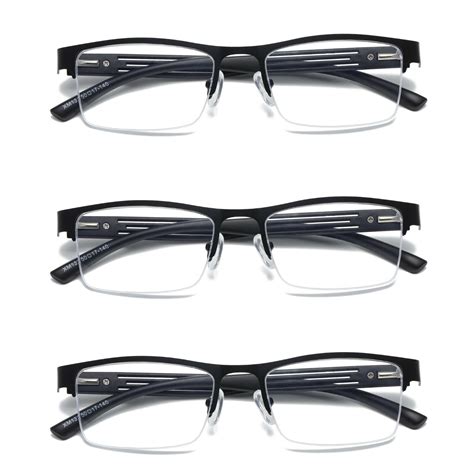 3 Pk Mens Reading Glasses Spring Hinge Square Metal Half Frame Blue