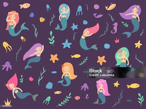 Putri Duyung Yang Cantik Dan Lucu Ilustrasi Stok Unduh Gambar