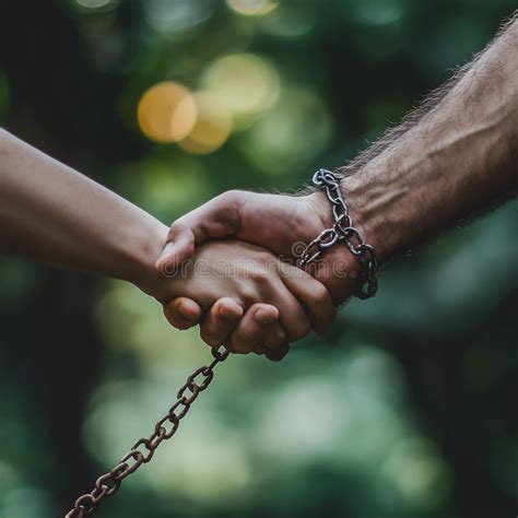 Two Hands Bound By Chains Symbolizing Bondage And Connection Stock