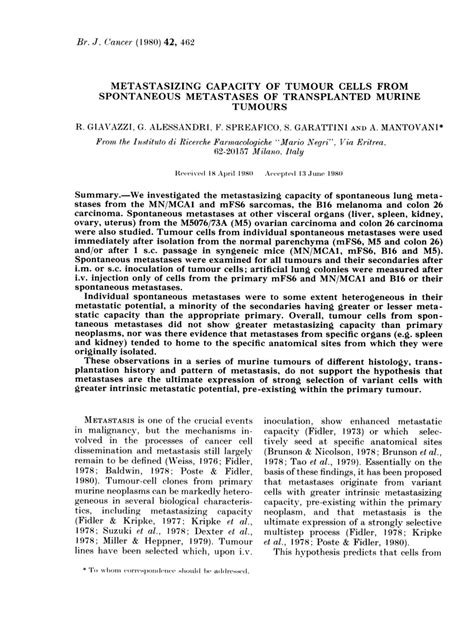 Pdf Metastasizing Capacity Of Tumor Cells From Spontaneous Metastases