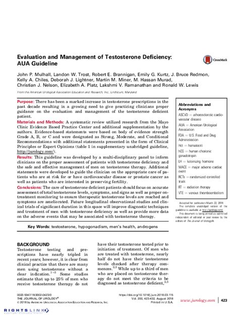 Pdf Evaluation And Management Of Testosterone Deficiency Aua Guideline
