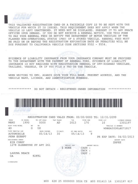 Usa California Vehicle Validated Registration Card Pdf Department