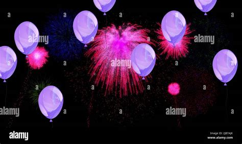 Image Of Lilac Balloons With Colourful Christmas And New Year Fireworks