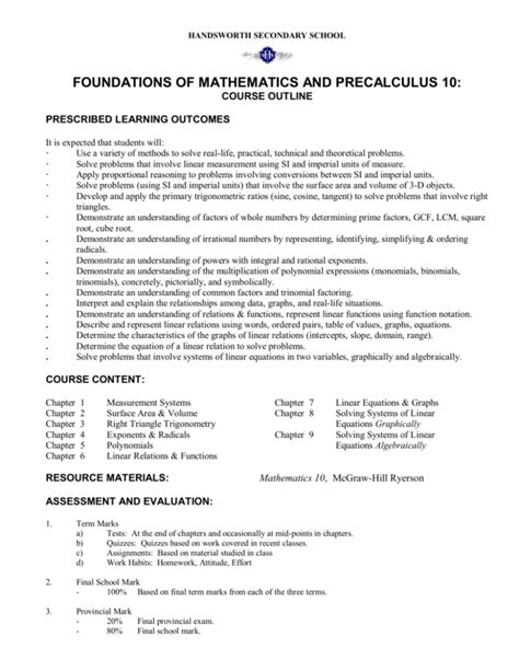 Math 10 Course Outline Foundations And Precalculus