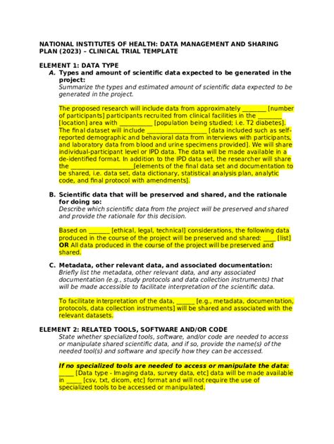 Overview Nih Data Management And Sharing Plan Guidance Doc Template