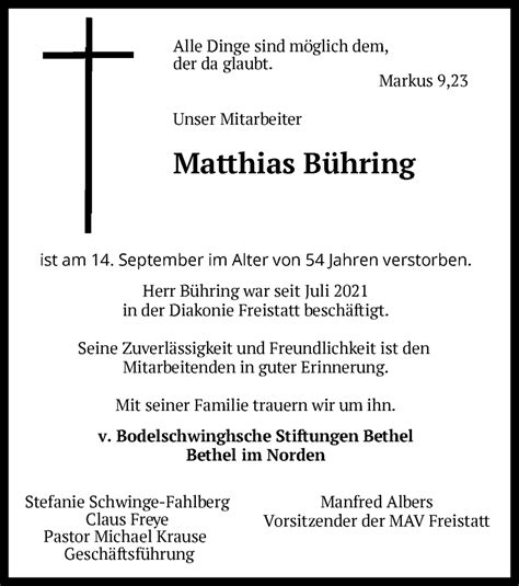 Traueranzeigen Von Matthias Bühring Trauerkreiszeitungde