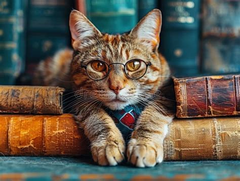 Cat With Glasses Resting On Old Books In A Vintage Library Stock Image