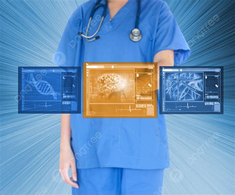 Doctor Usando Pantalla Táctil Contra Fondo Azul Tocando Hembra Generada