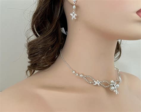 Pearl Wedding Jewelry Set Crystal Necklace And Earrings Silver Etsy