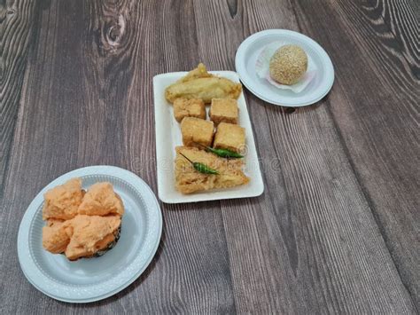Market Snacks Consisting Of Fried Tofu Fried Bananas Onde Onde And