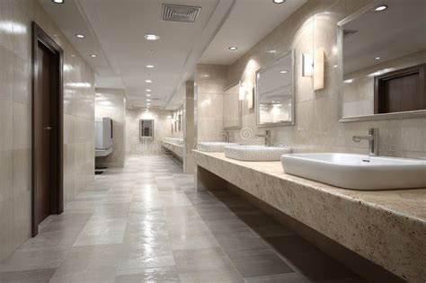 Spotless Public Restroom Presenting Multiple Sinks And Large Mirrors