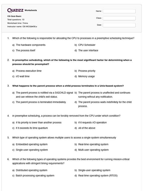 Os Quiz Basic Quizizz Pdf Operating System Process Computing