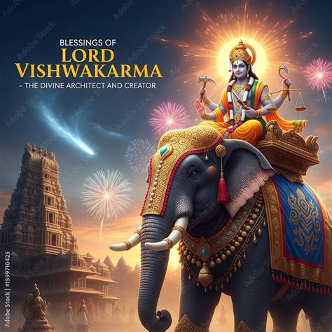 Magnificent Lord Vishwakarma Seated On An Ornate Elephant With A Temple