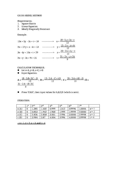 Gauss Seidel Method Solving Linear Equations With Iteration