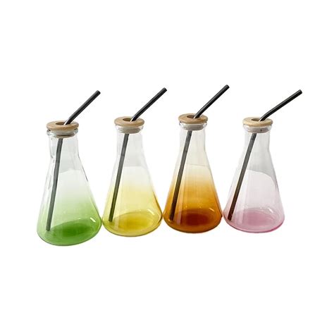 Triangle Glass Beaker Drinking Glass With Bamboo Lid And Stainless