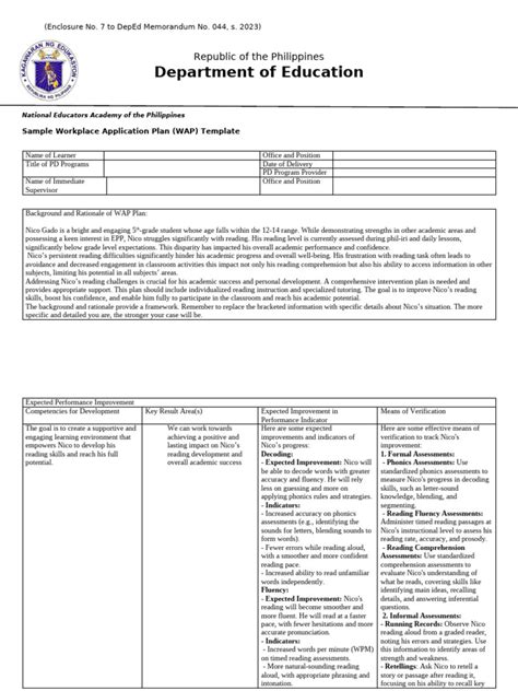 Workplace Application Plan Wap Necy2 Pdf Reading Comprehension